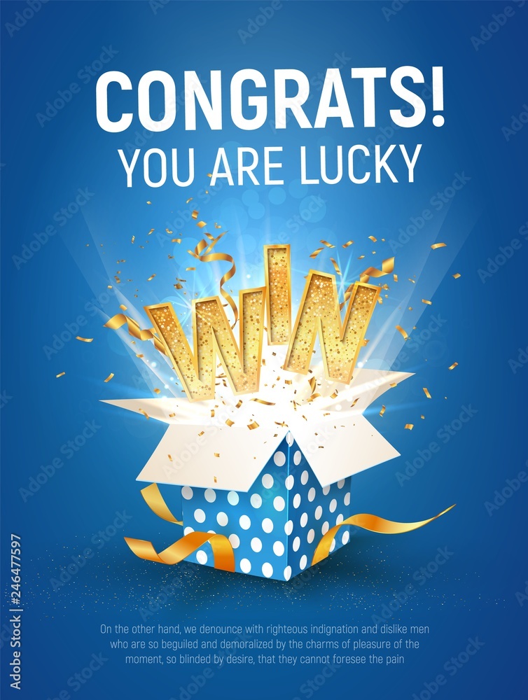 WIN gold text. Open textured blue box with confetti explosion inside ...