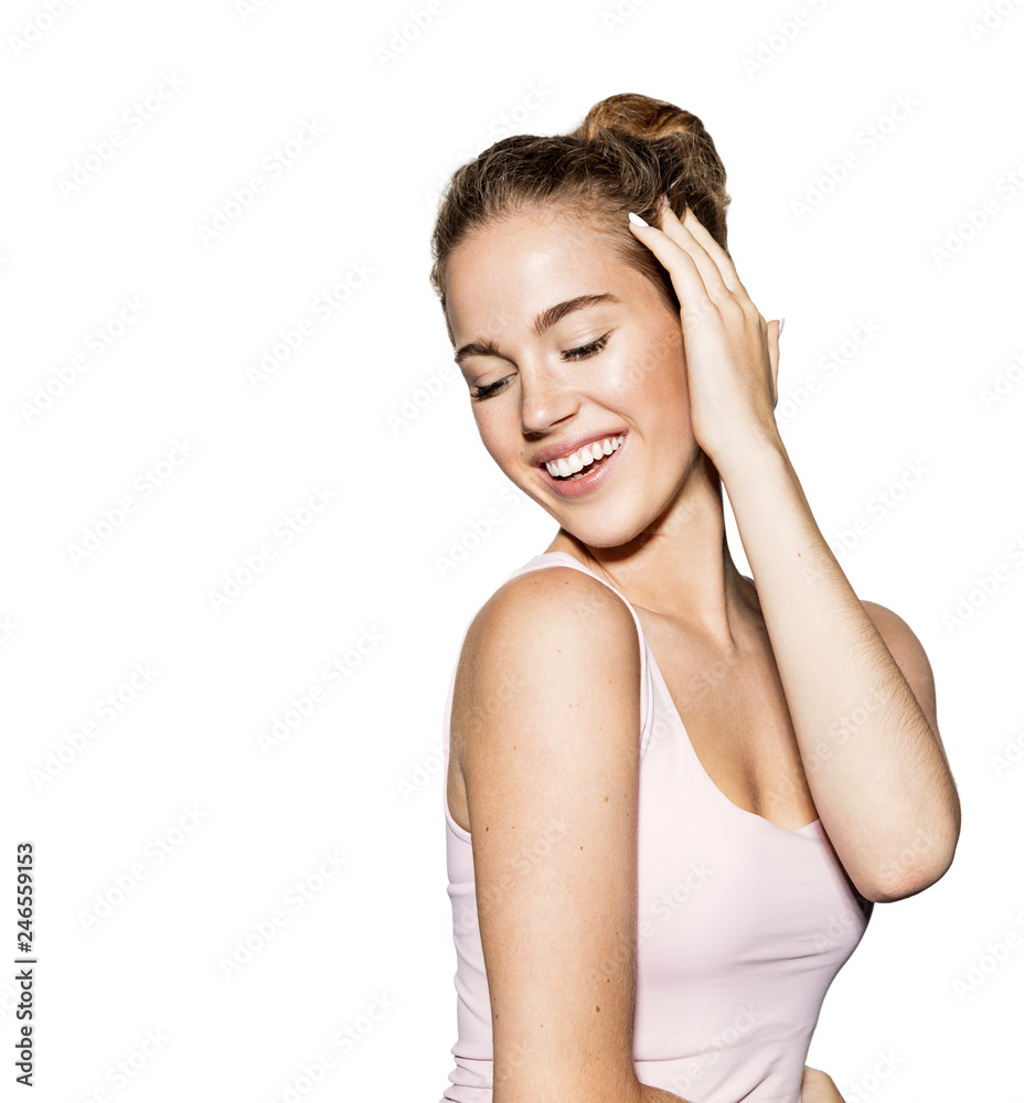 Portrait of cheerful happy model shiny smiling. Gorgeous girl with ...