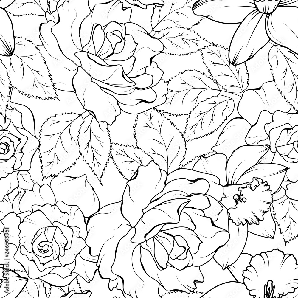 Seamless pattern with roses and daffodils black and white. Vector ...