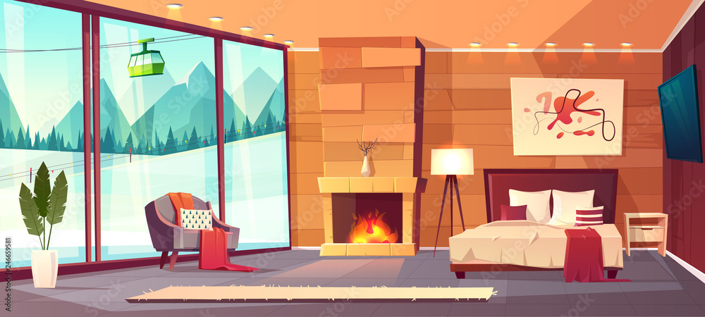 Vector cartoon interior of luxury hotel bedroom with furniture - double ...