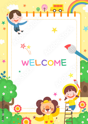 llustration of cartoon kindergarten. Cute frame with kids, child and ...