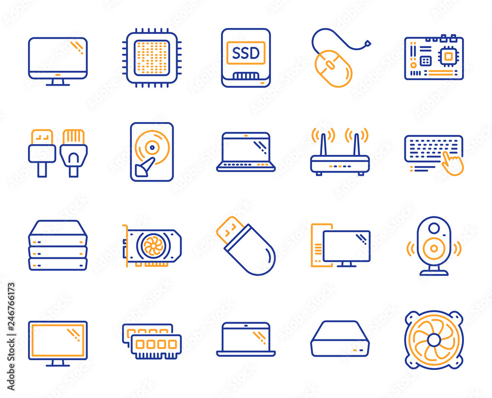 Computer components, Laptop, SSD line icons. Motherboard, CPU, Internet cables icons. Wifi ...