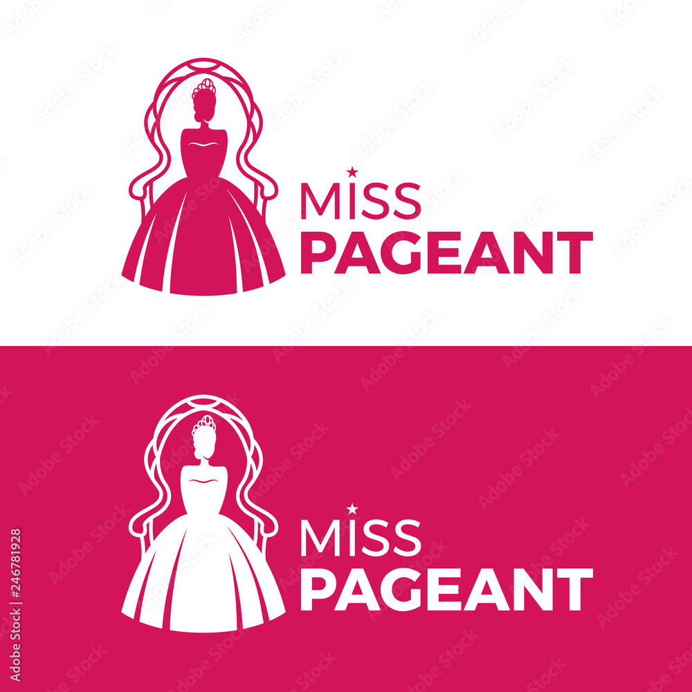 Miss pageant logo sign with Pink Beauty queen wear a crown sit on chair ...