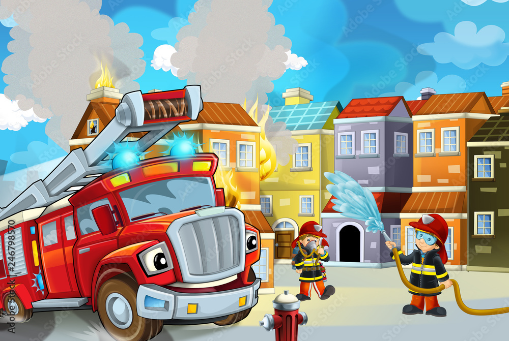 cartoon stage with fireman and fire truck near burning building ...
