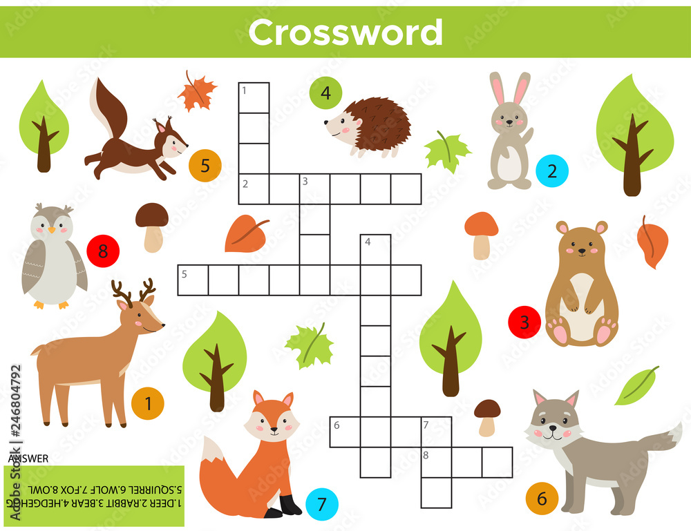 Vector Forest Animals Crossword in English. Education game for children ...