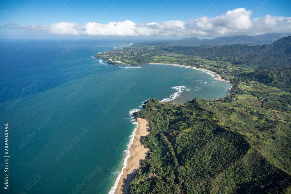 Aerial view of Hanalei Bay and Lumaha'i beach on hawaiian island of ...