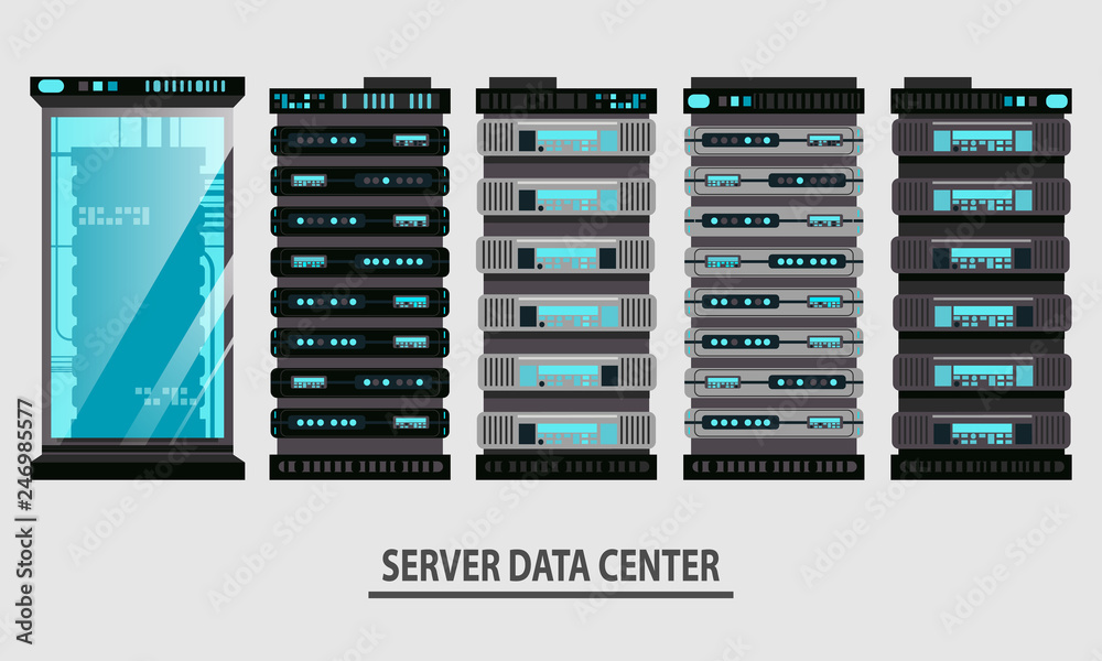 Cartoon server racks icon set in flat style. Equipment for server farm ...