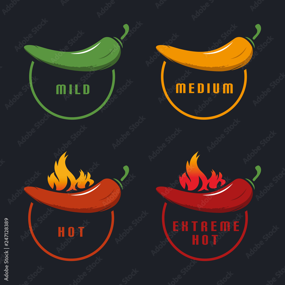 Chili Mild, Medium, Hot, Extreme Hot With Flame - Colorful Vector ...