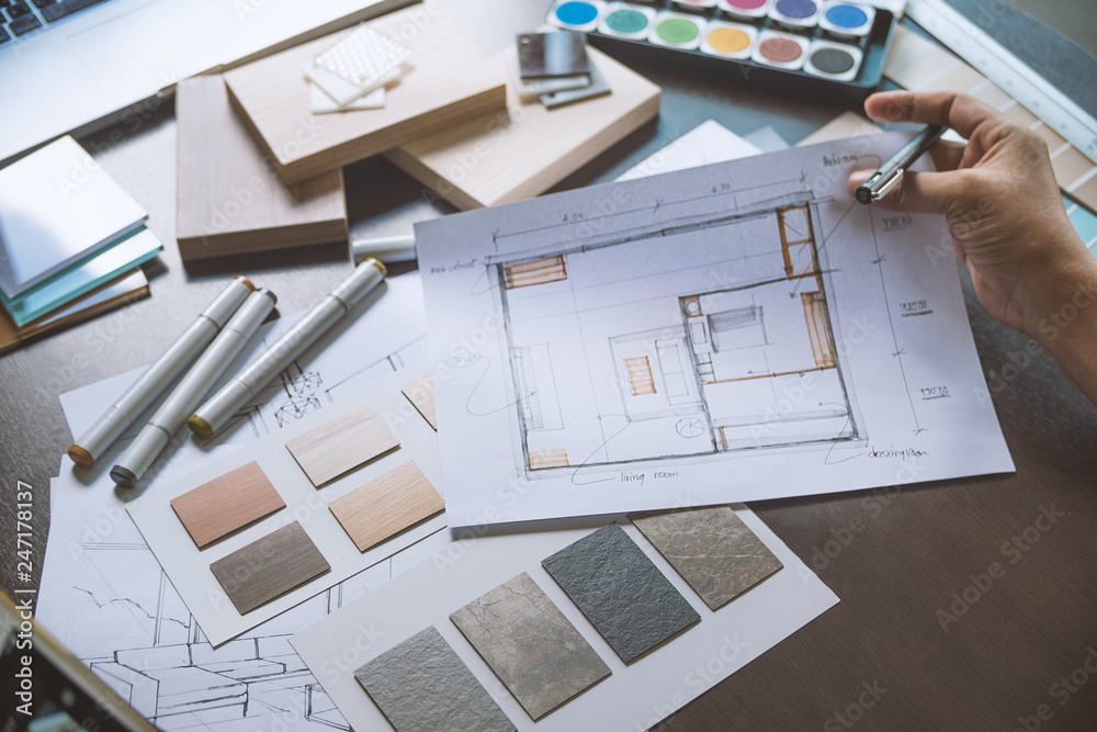 Architect designer Interior creative working hand drawing sketch plan ...