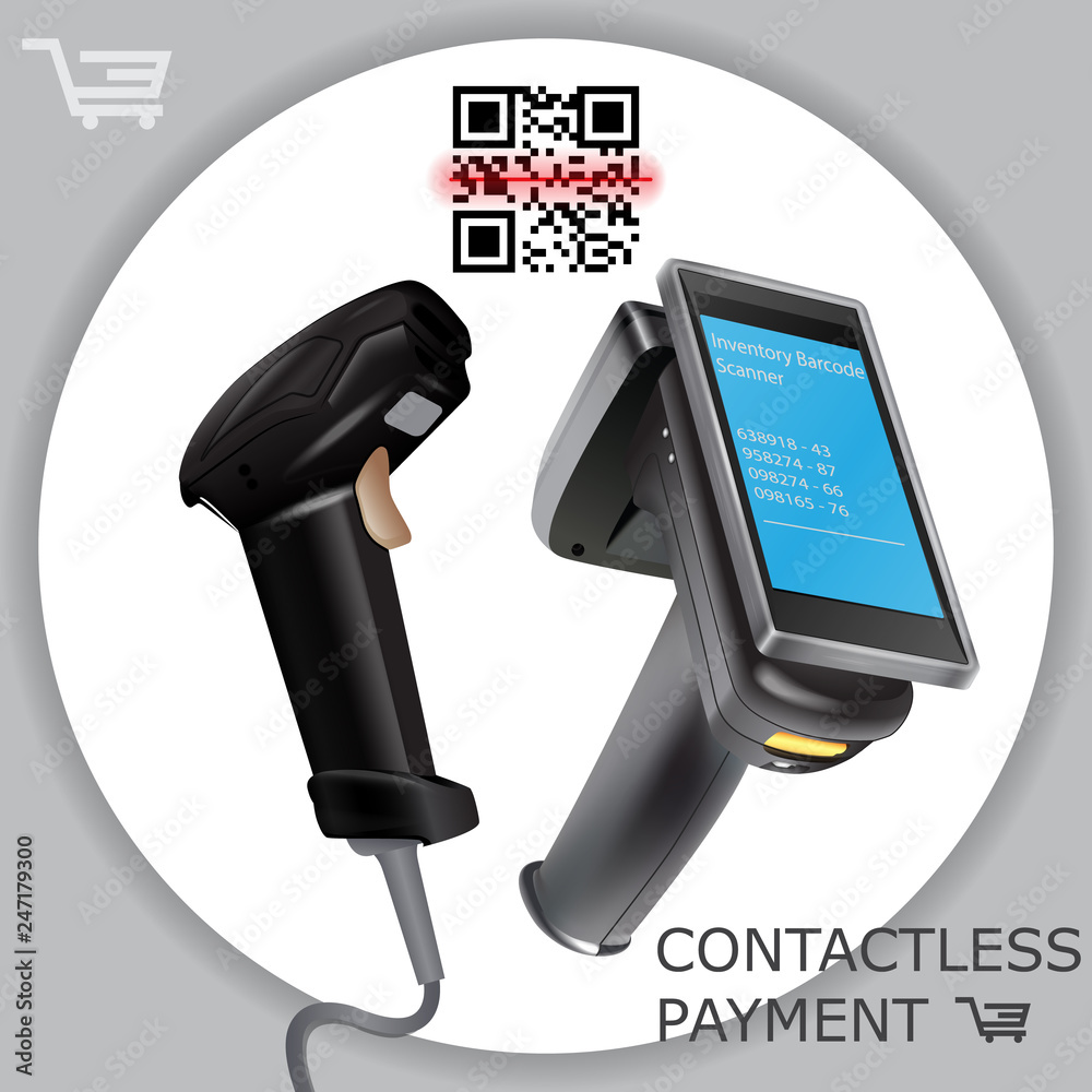 Hand held wireless barcode scanner reader scanning bar code on white ...