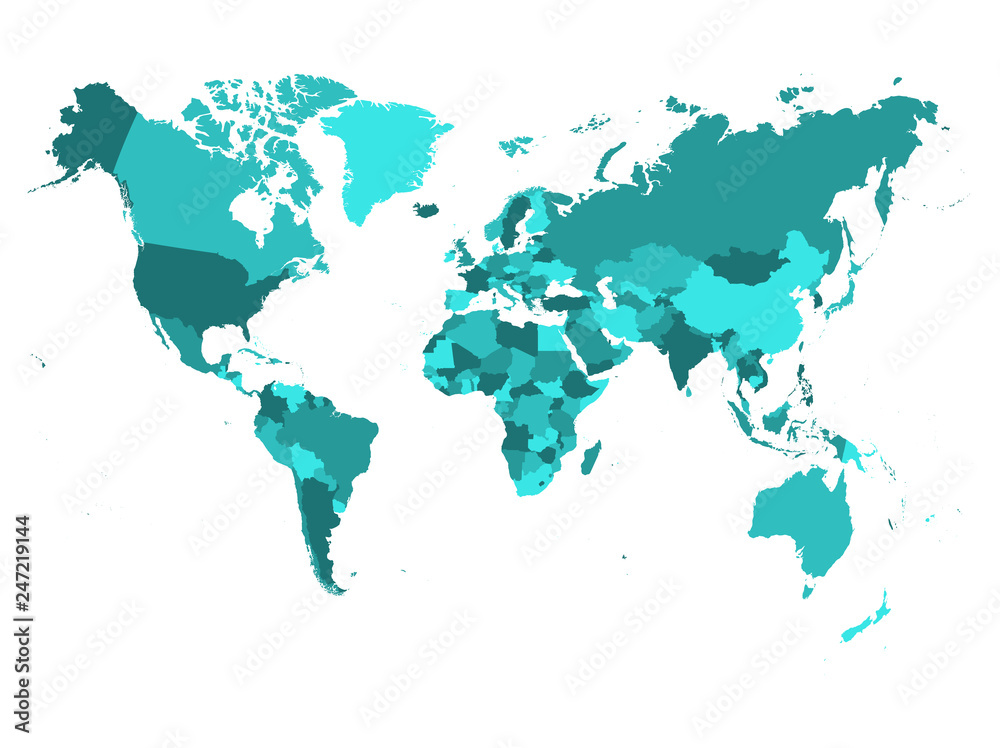 World map in four shades of turquoise blu on white background. High ...