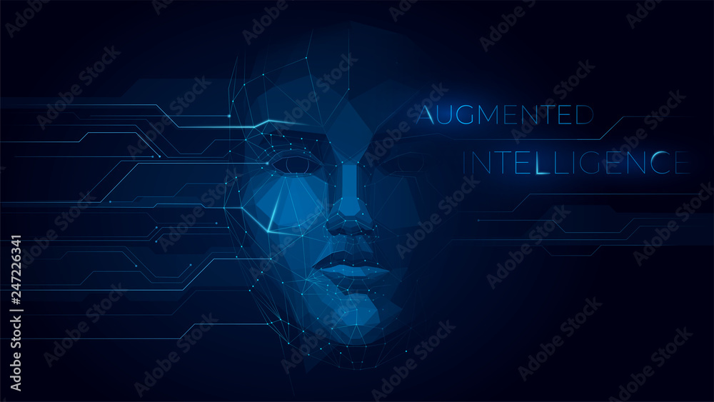 Concept of artificial intelligence face, robot face combined with ...