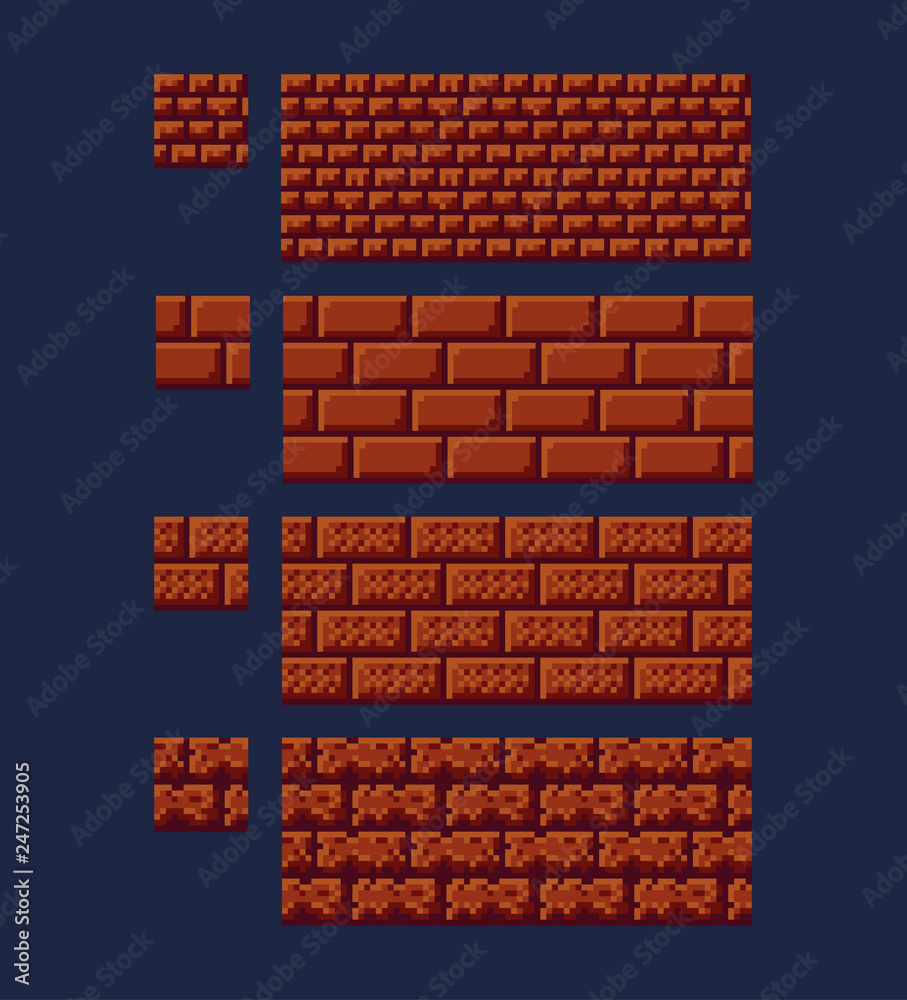 Vector illustration - set of 8 bit 16x16 red brick texture. Pixel art ...