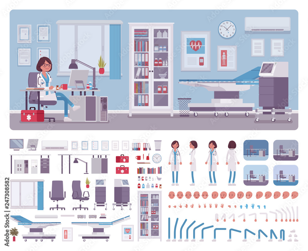 Female doctor in general practitioner office interior creation kit ...