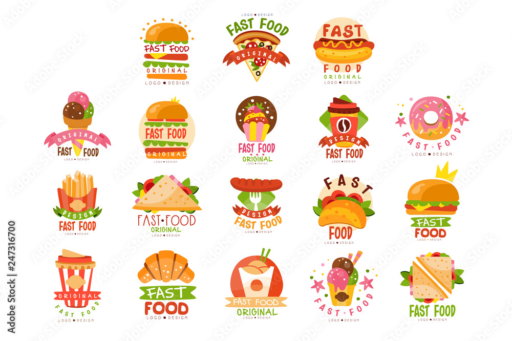 Fast food logos set, food and drink menu, burger, hot dog, pizza, taco ...