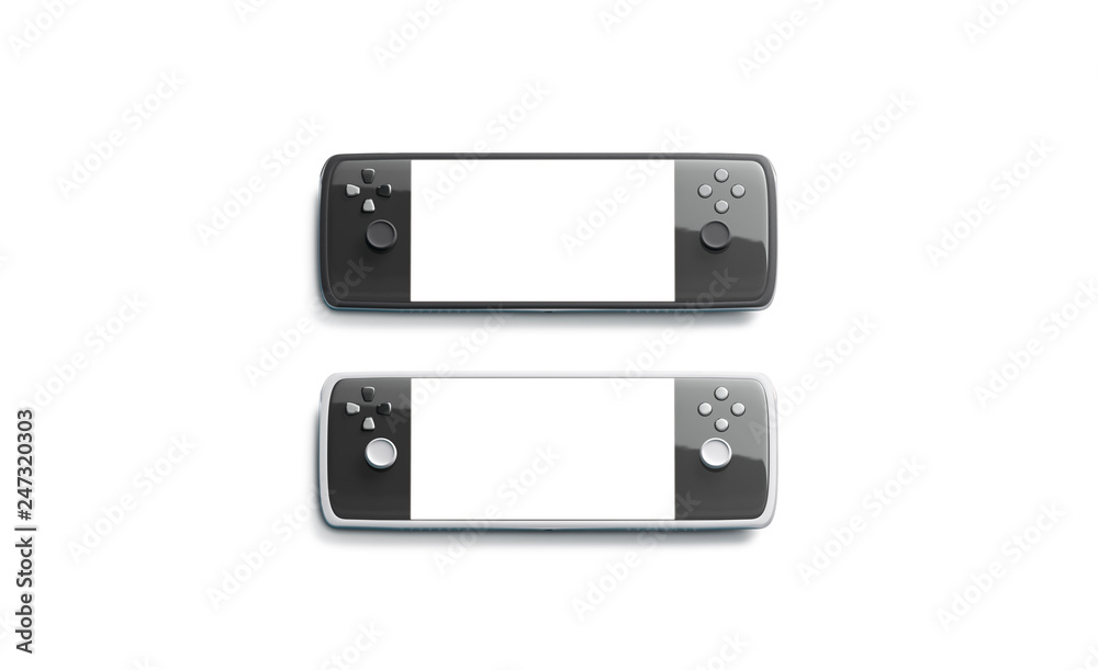 Blank black and white gaming console screen mockup set, top view, 3d ...