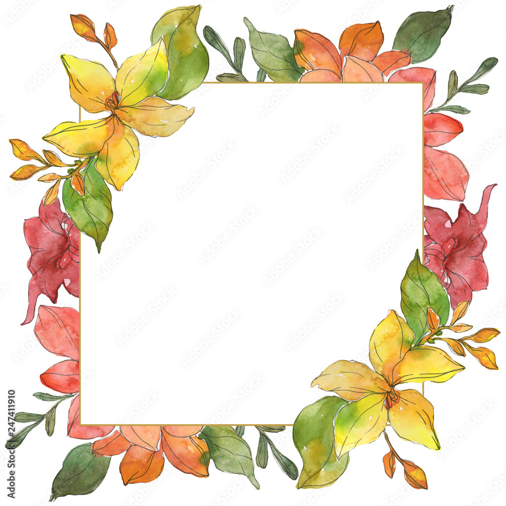 Red and yellow tropical floral botanical flowers. Watercolor background ...