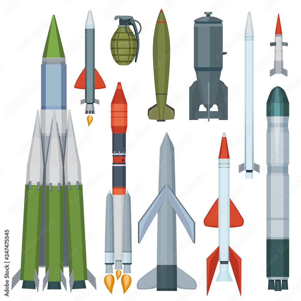 Missile collection. Defense flight armour military weapons vector ...