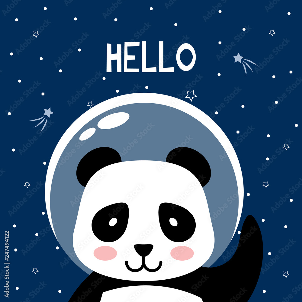 Panda in outer space saying Hello. Vector print, cute cartoon vector ...