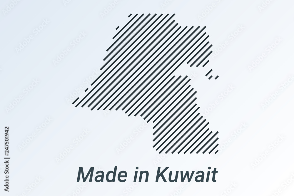 Made in Kuwait, striped map in a black strip on a silver background ...