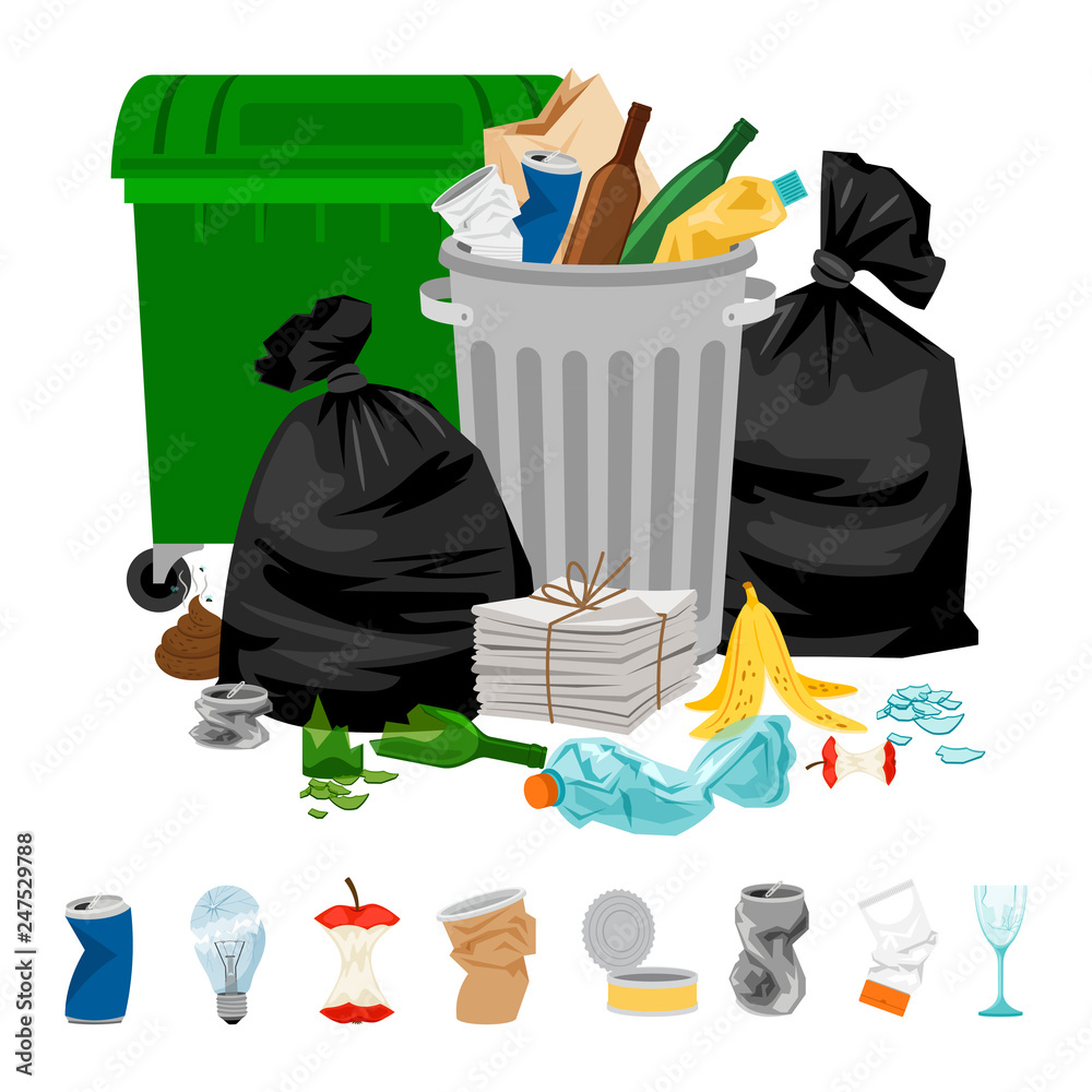 Garbage on white. Cartoon vector trash and food rubbish, litter and ...