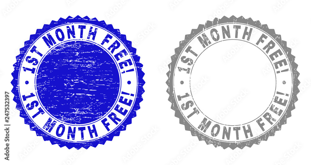 1ST MONTH FREE! stamp seals with distress texture in blue and gray ...