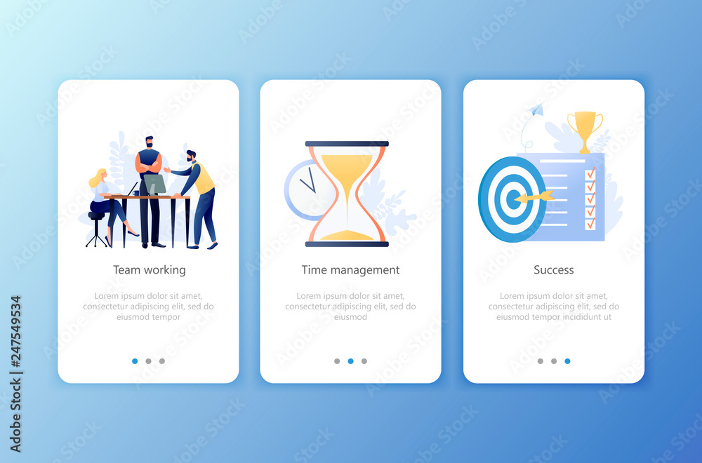 Teamwork, Time management, Success. Set of onboarding screens user ...