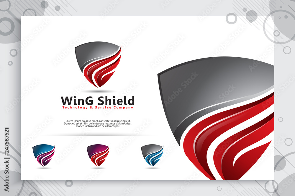3d shield tech vector logo design with modern concept , abstract illustration symbol of cyber ...