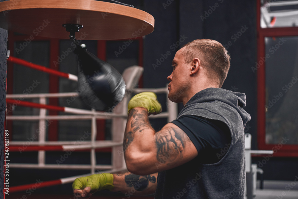 Sport is the way of life. An arm workout, professional young boxer ...