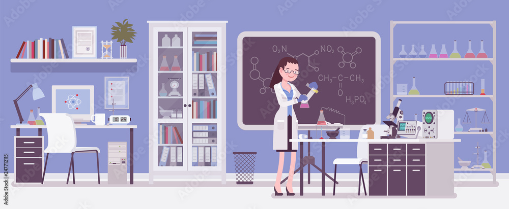 Female scientist working in laboratory. Young woman in white coat ...