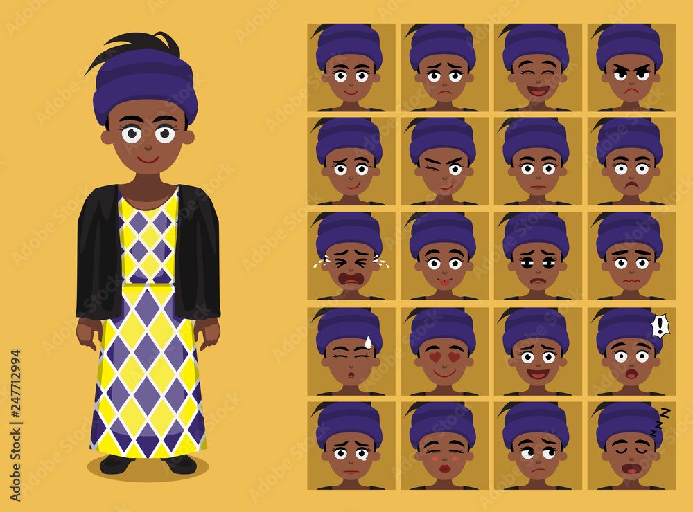 African Tribe Clothes Female Hausa Cartoon Emoticon Faces Vector ...