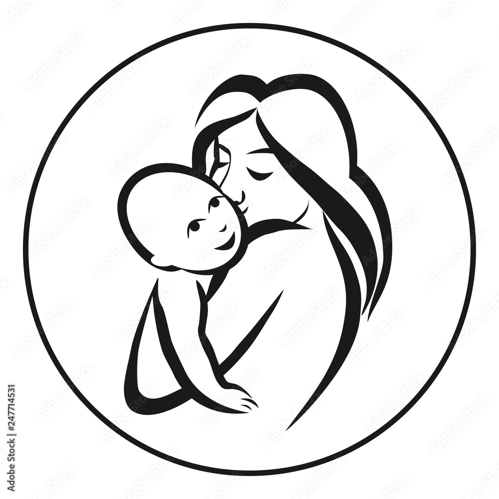 Continuous line drawing of mother and child. Abstract mom and baby ...