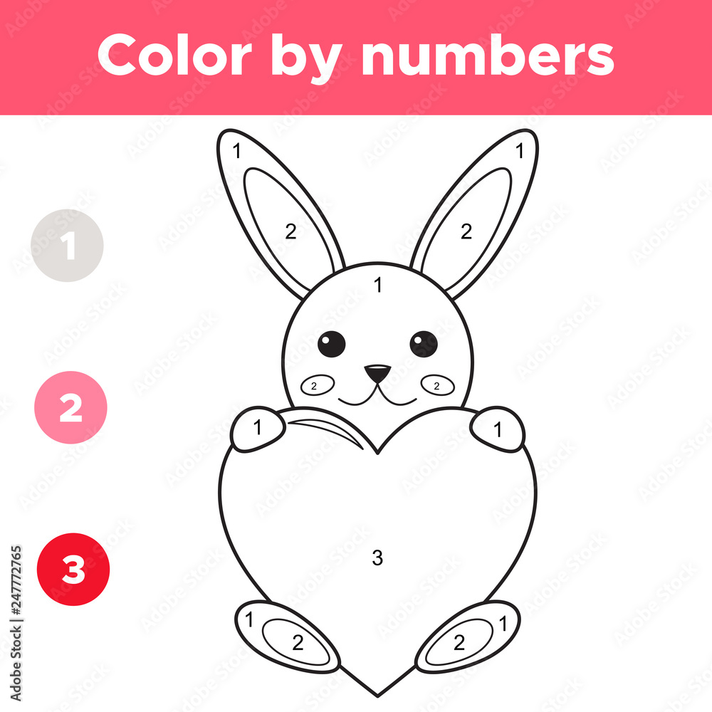 Color by numbers for preschool kids, Valentines day cartoon kawaii ...