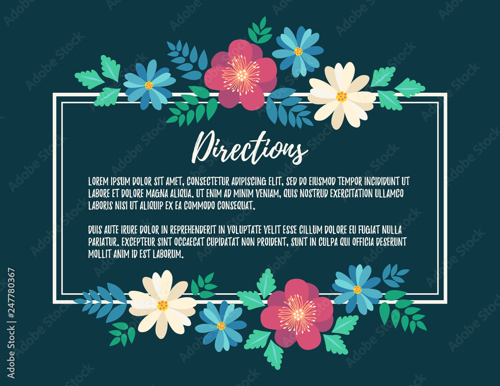 Modern style Directions wedding invitation card with flat flower frame background, hand drawn ...