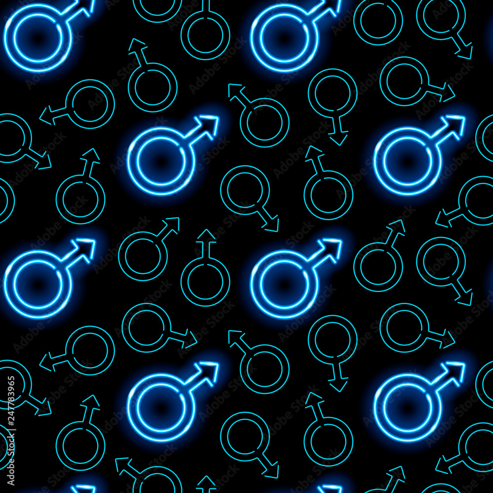 Neon male signs seamless pattern. Blue glowing mars symbols on black ...