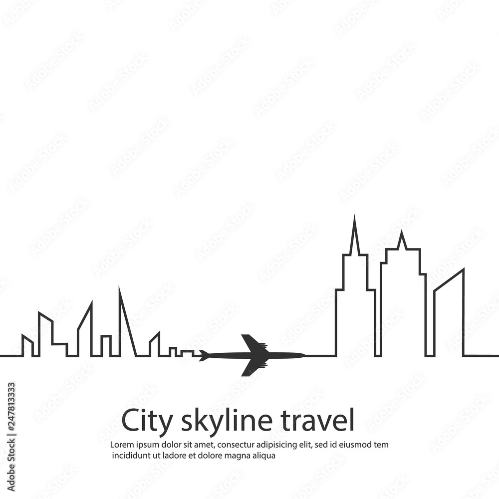 Airplane between the two cities and its track and skyline on white ...