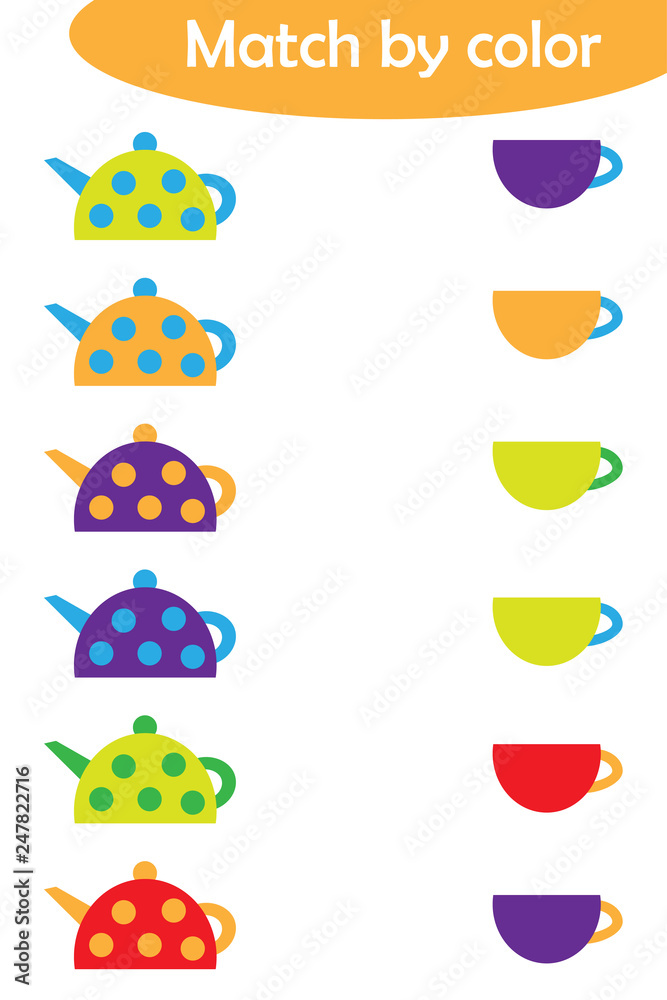 Matching game for children, connect colorful kettles with same color ...