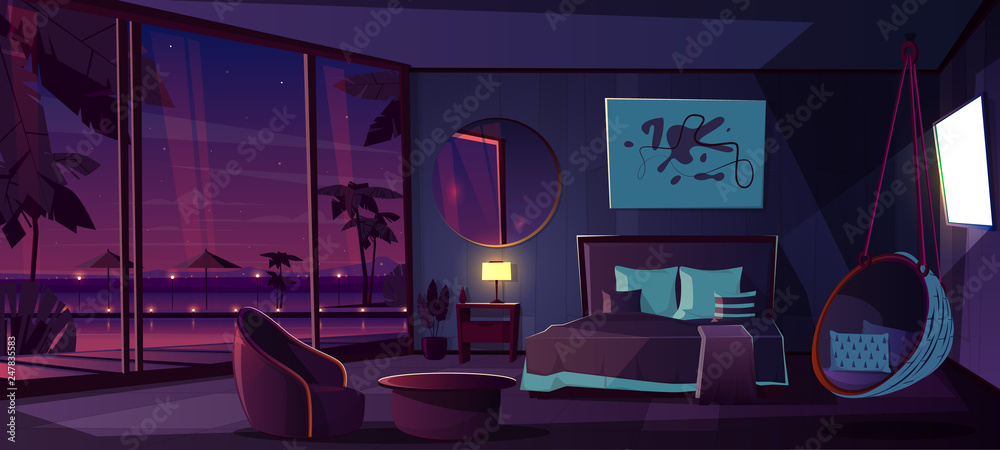 Vector cartoon interior of hotel bedroom at night. Living apartment of ...