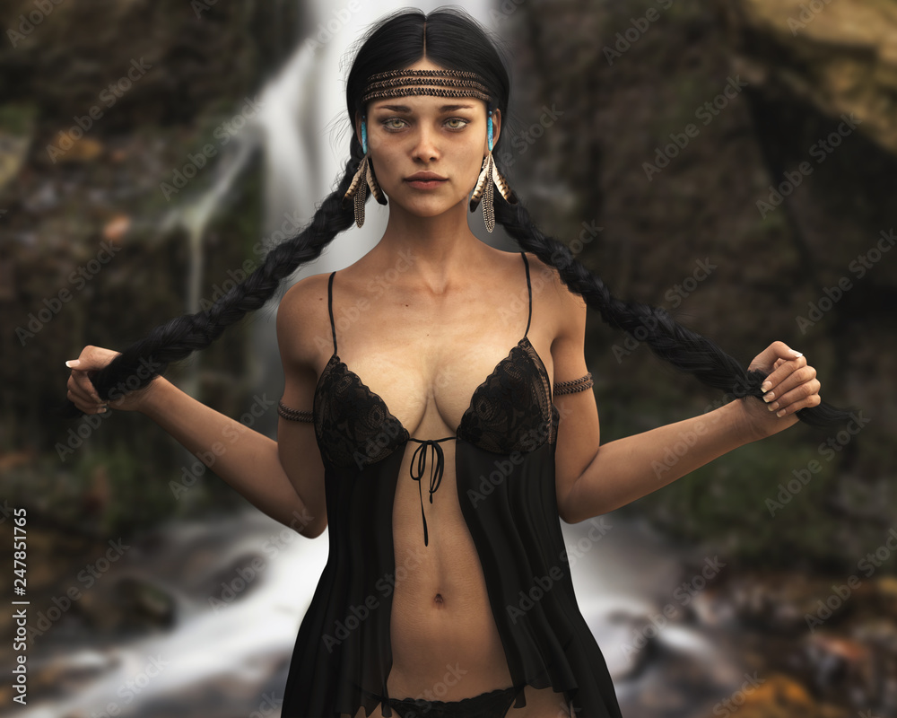 Attractive Native American Indian female with long black braided hair posing with a seductive ...