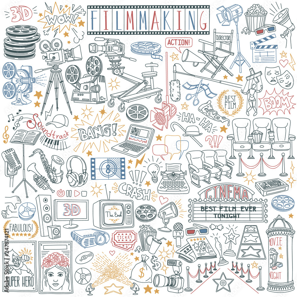 Movie and filmmaking doodle set. Hand drawn vector illustration ...