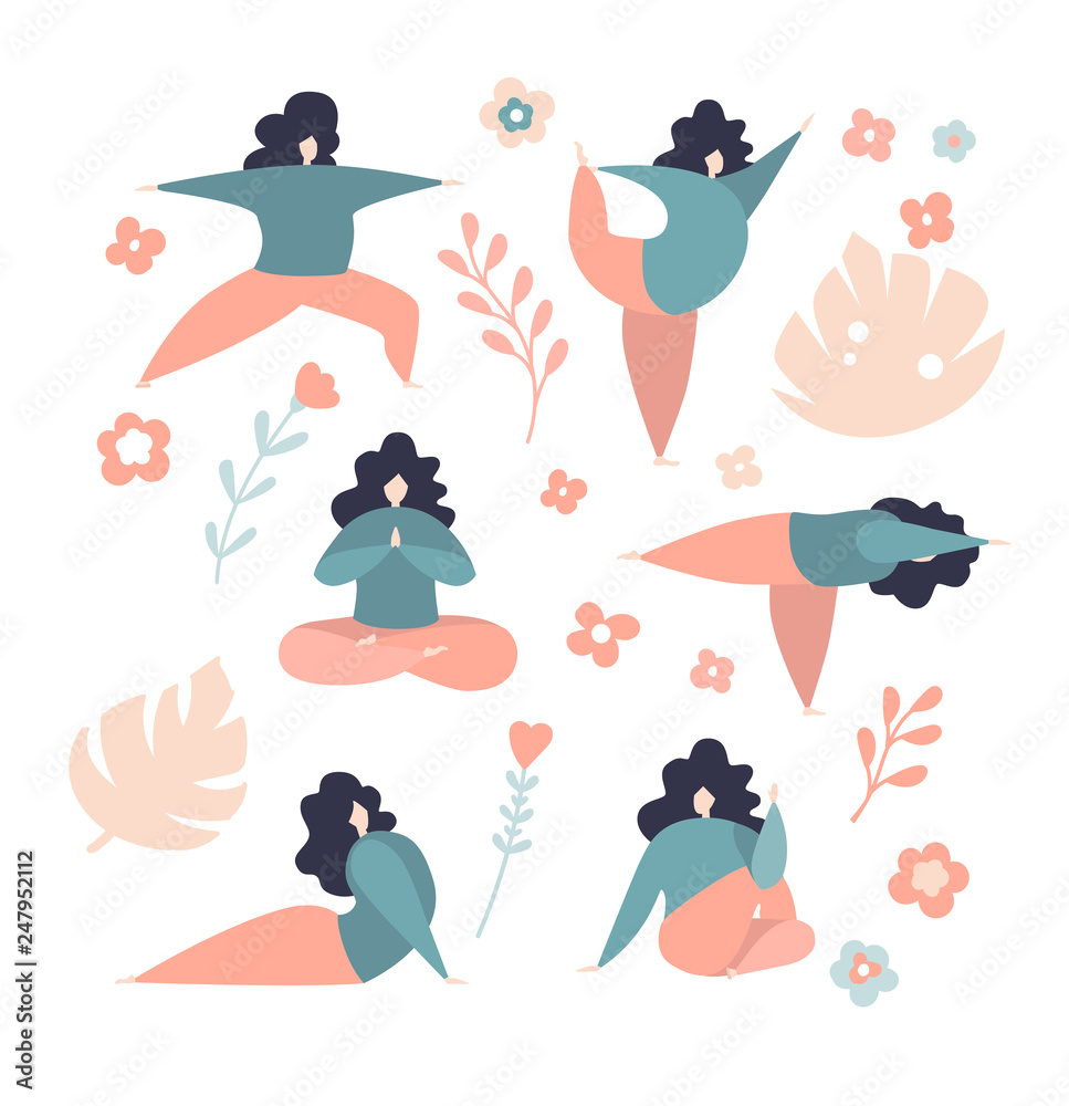 Set of vector illustrations of plus size women in different yoga poses ...