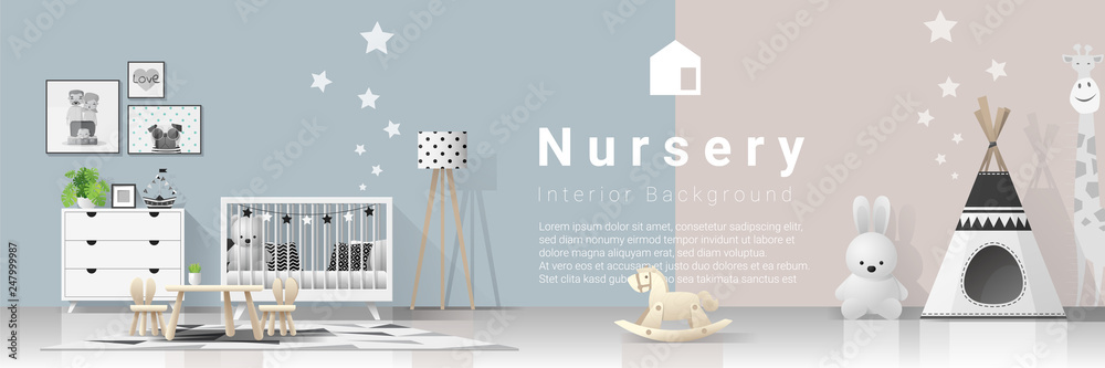 Interior background with modern baby bedroom , vector , illustration ...