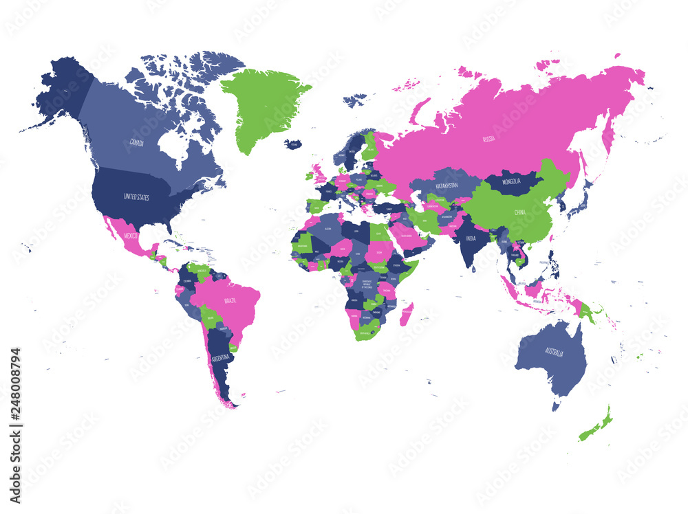 World map in four colors on white background. High detail political map ...