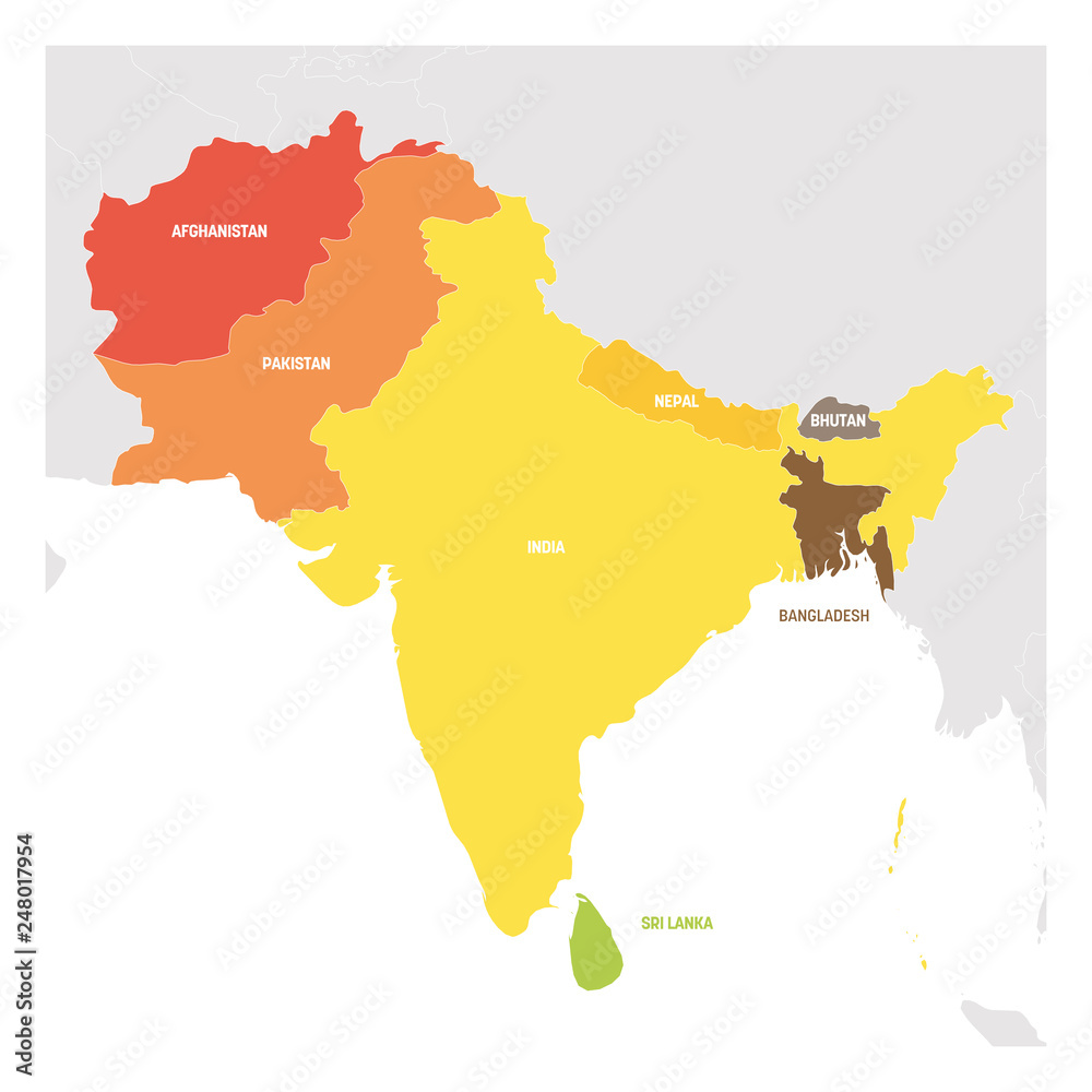 South Asia Region. Colorful map of countries in southern Asia. Vector ...
