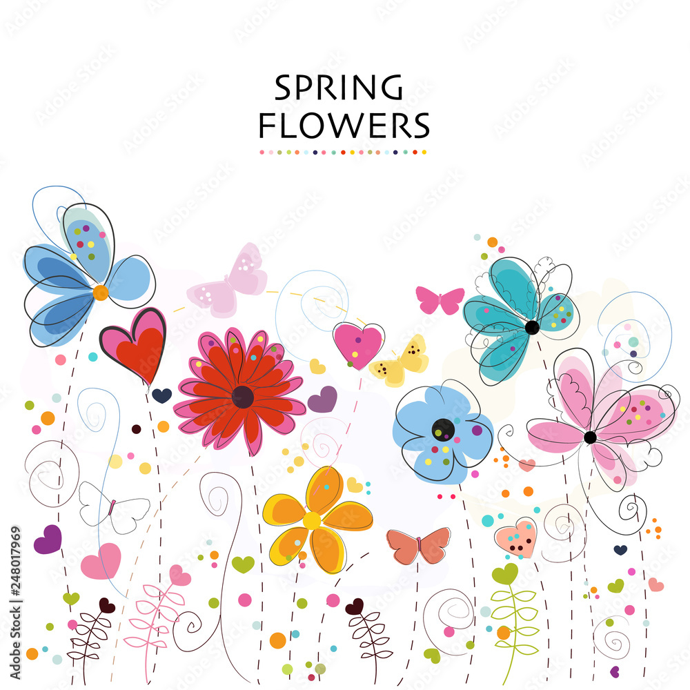 Floral greeting card with colorful decorative abstract spring flowers ...