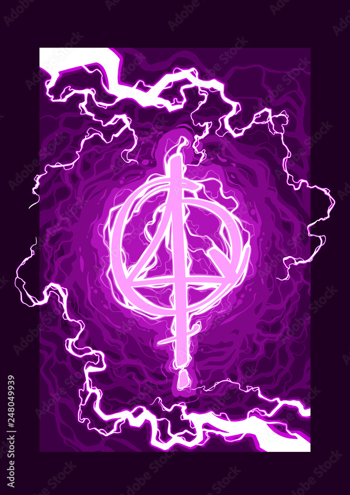 Cartoon violet magic spell witch symbol or sign with lightning element ...
