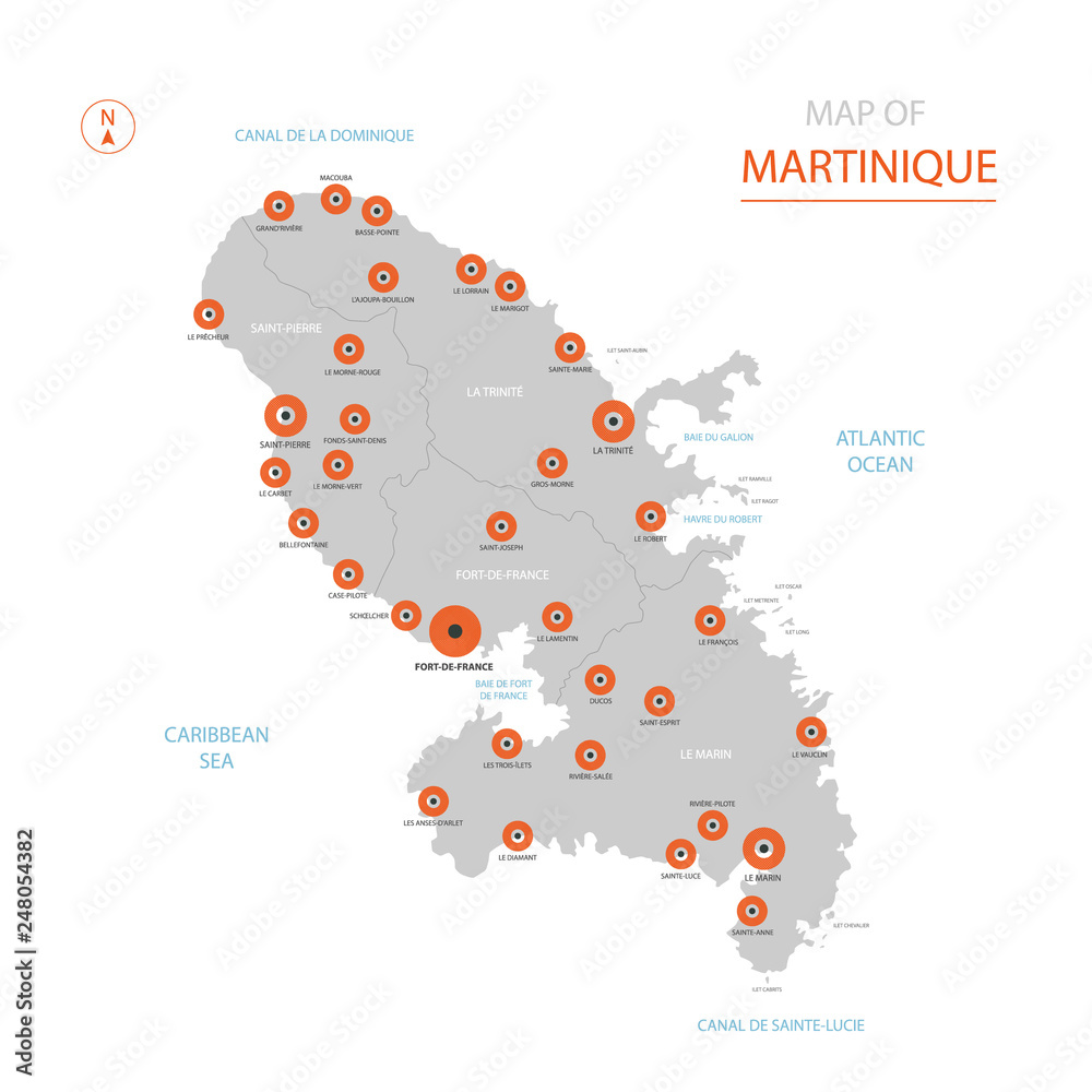 Stylized vector Martinique map showing big cities, capital Fort-de ...