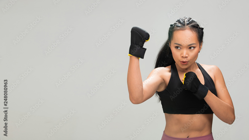 Asian Tan Skin Fitness woman exercise punch air wear Boxing Gloves ...