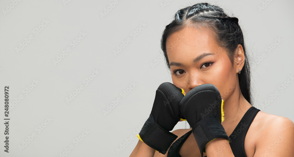 Asian Tan Skin Fitness woman exercise punch air wear Boxing Gloves ...