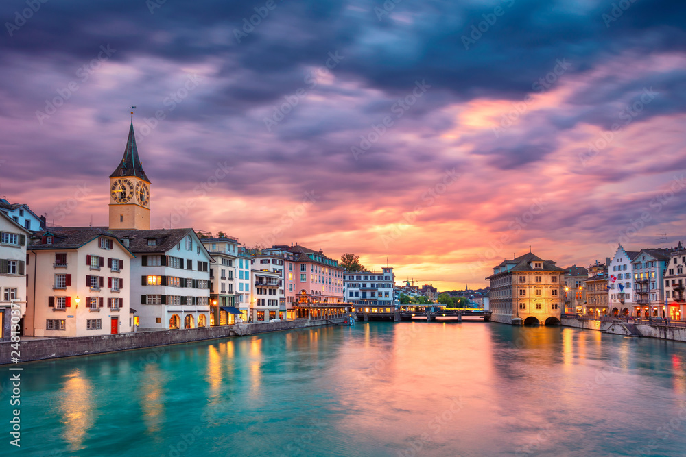 Zurich. Cityscape image of Zurich, Switzerland during dramatic sunset ...